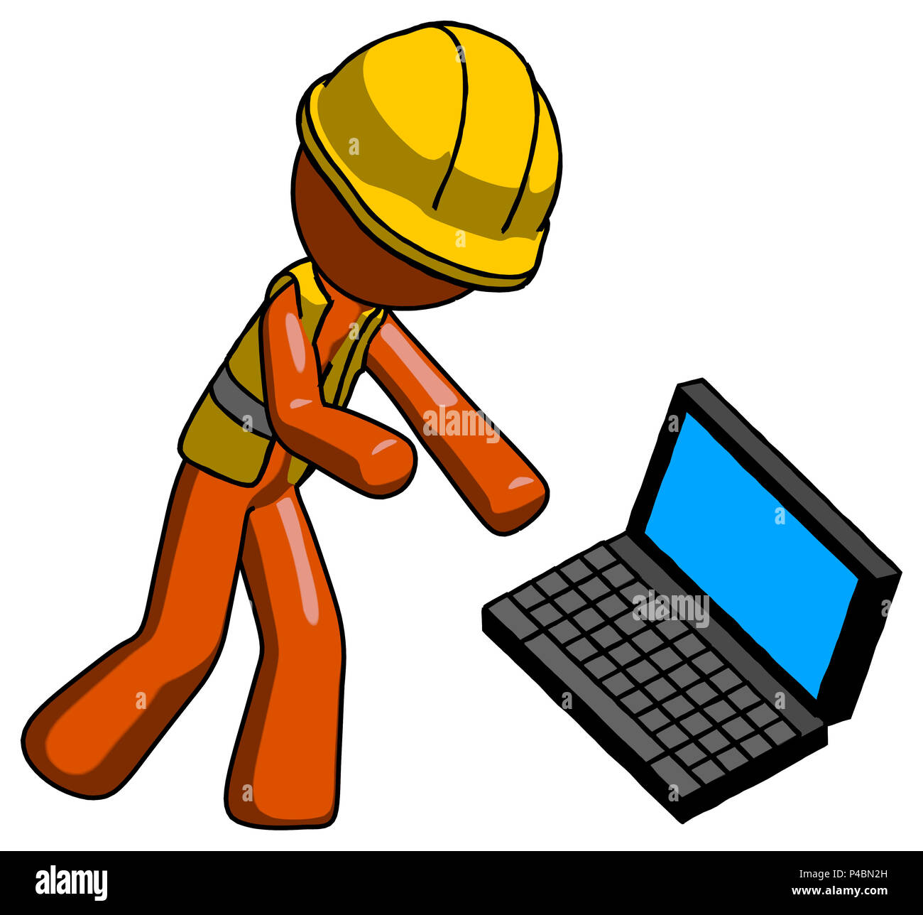 Orange construction worker contractor man throwing laptop computer in ...