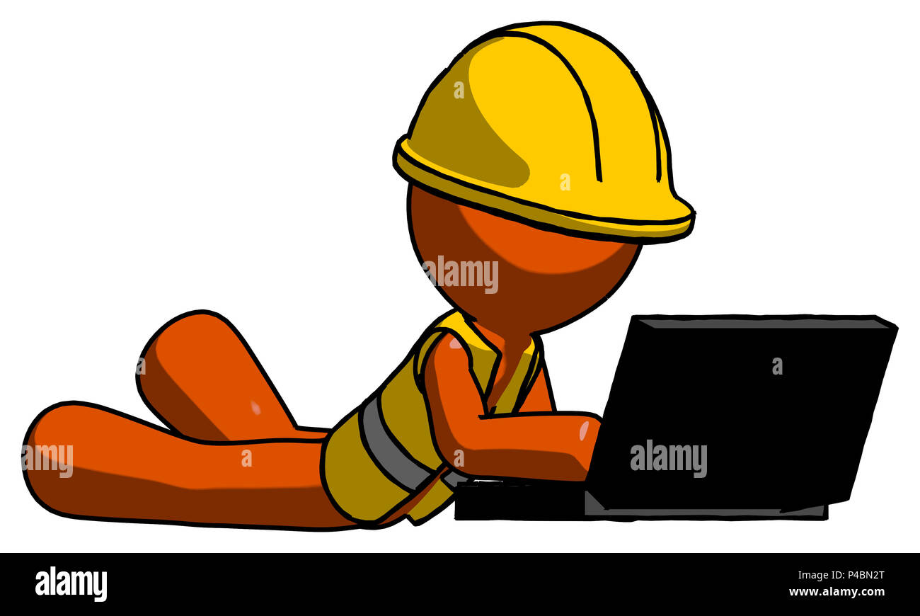 Orange construction worker contractor man using laptop computer while ...