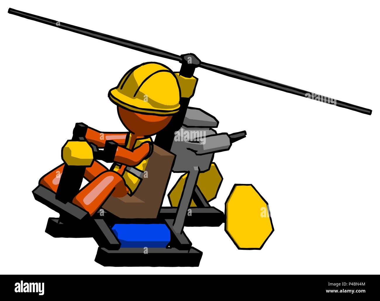 Orange construction worker contractor man flying in gyrocopter front ...