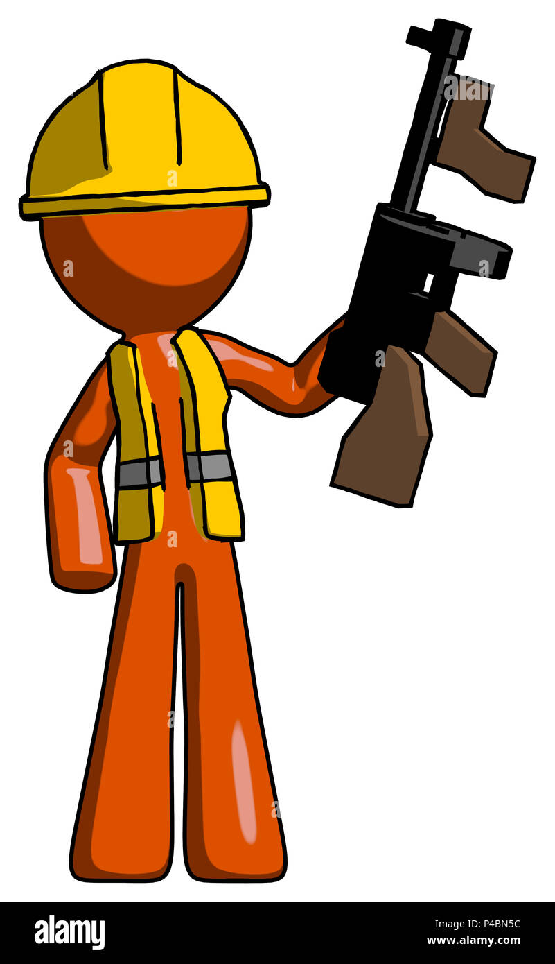 Orange construction worker contractor man holding tommygun like a ...