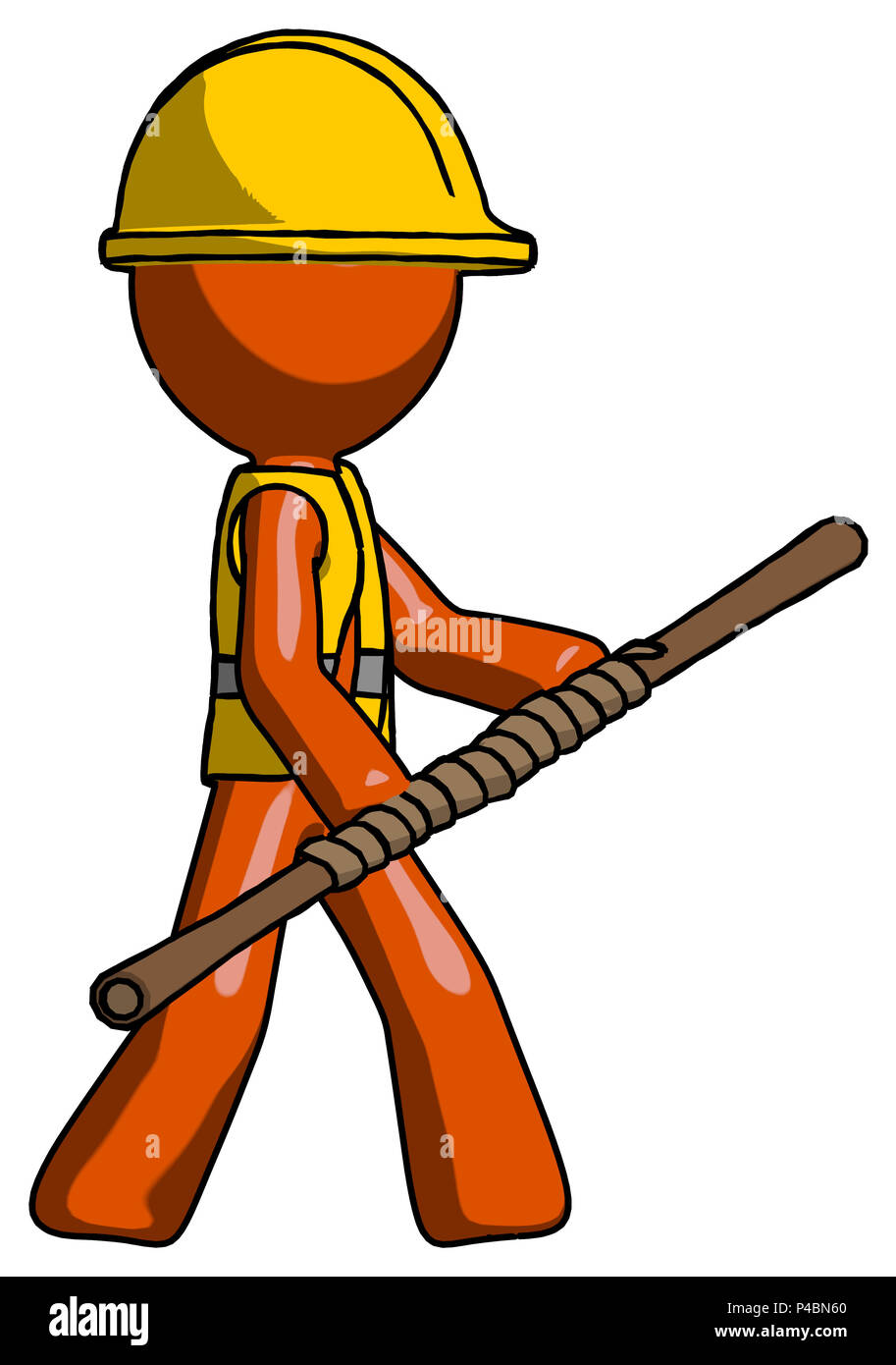 Orange construction worker contractor man holding bo staff in sideways ...
