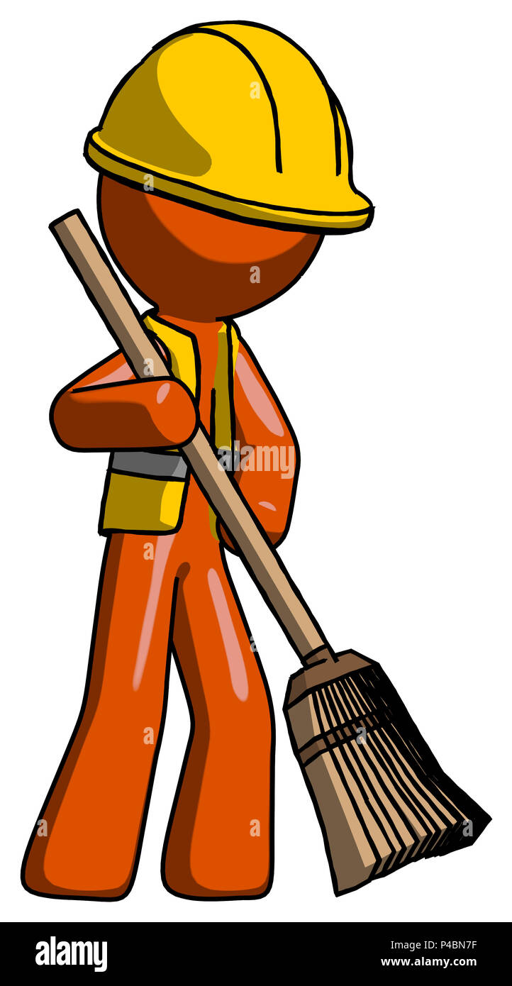 Orange construction worker contractor man sweeping area with broom ...