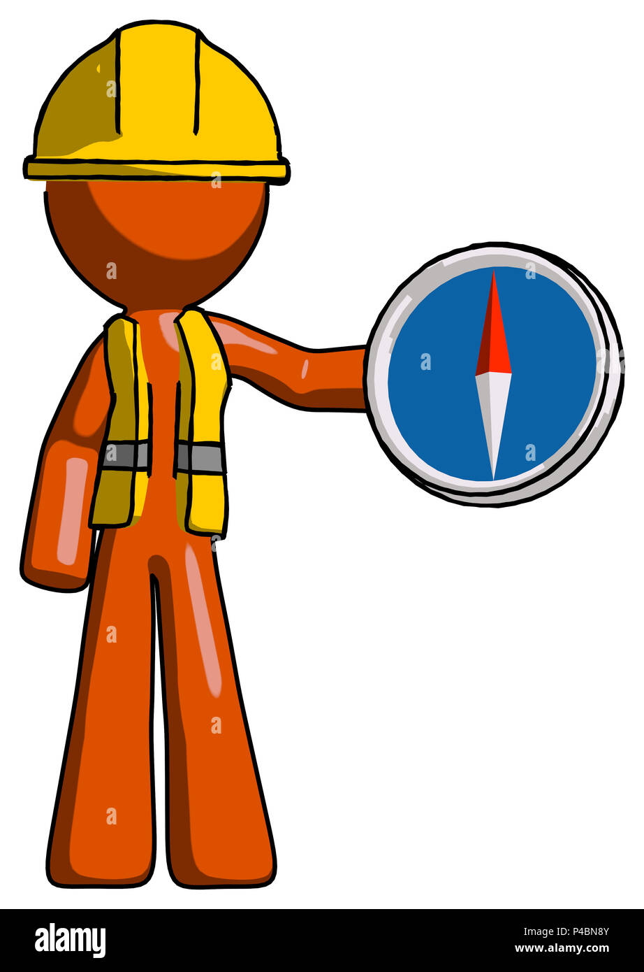 Orange construction worker contractor man holding a large compass Stock ...