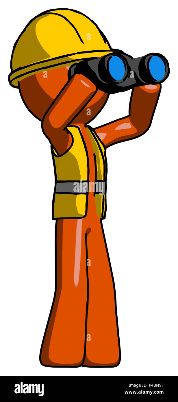 Orange construction worker contractor man looking through binoculars to ...