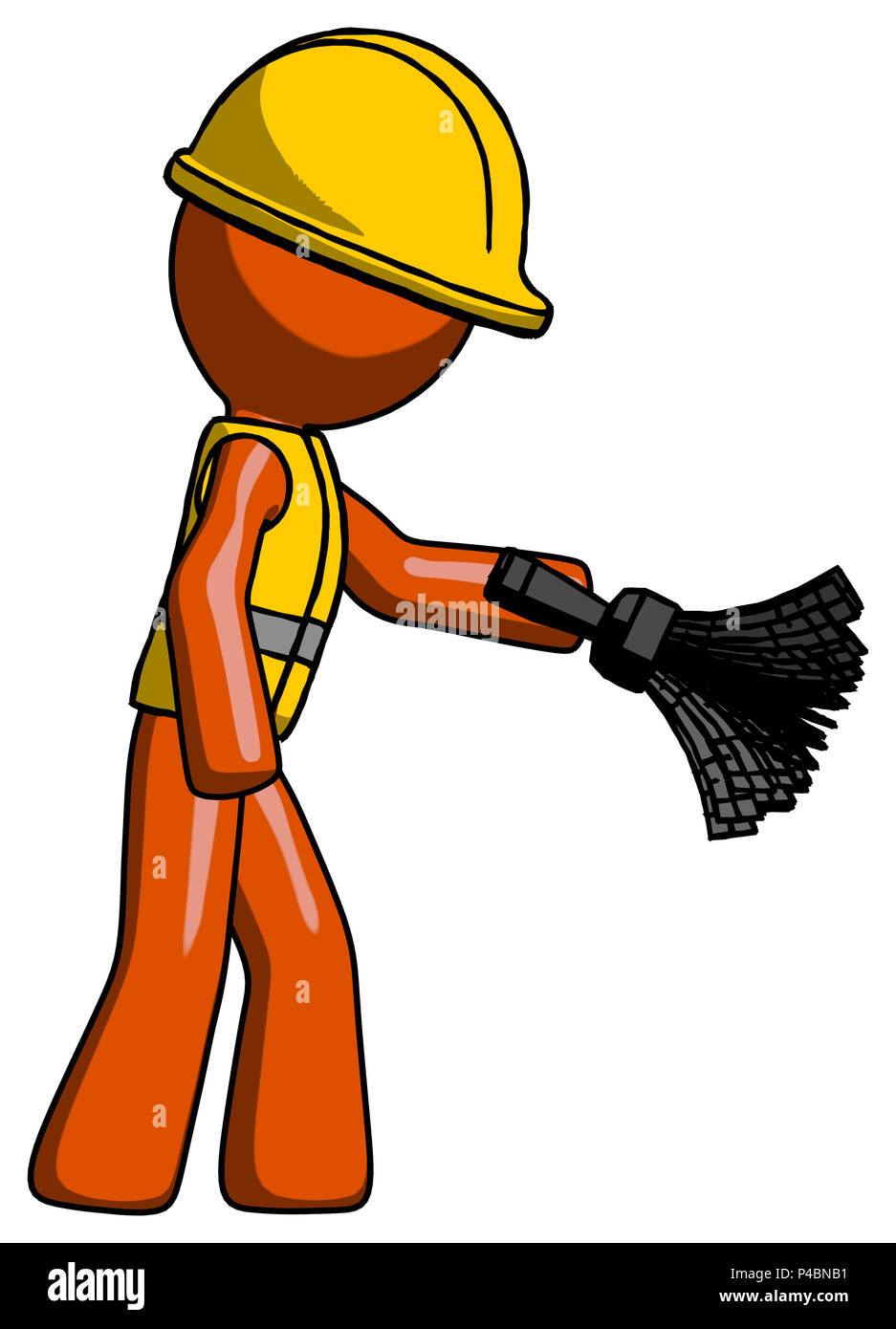 Orange construction worker contractor man dusting with feather duster ...