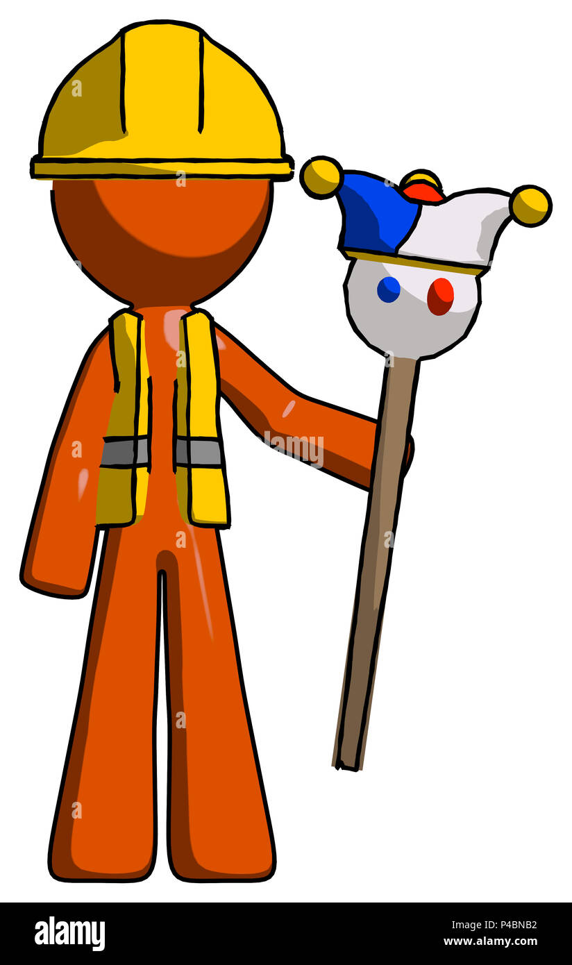 Orange construction worker contractor man holding jester staff Stock ...