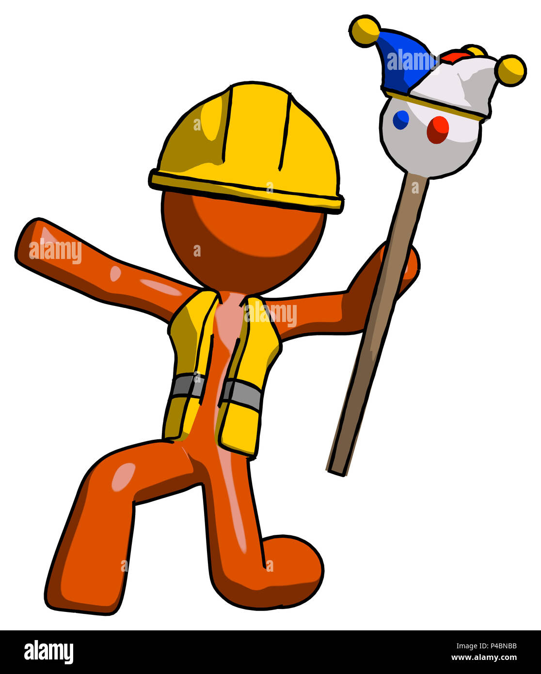Orange construction worker contractor man holding jester staff posing ...