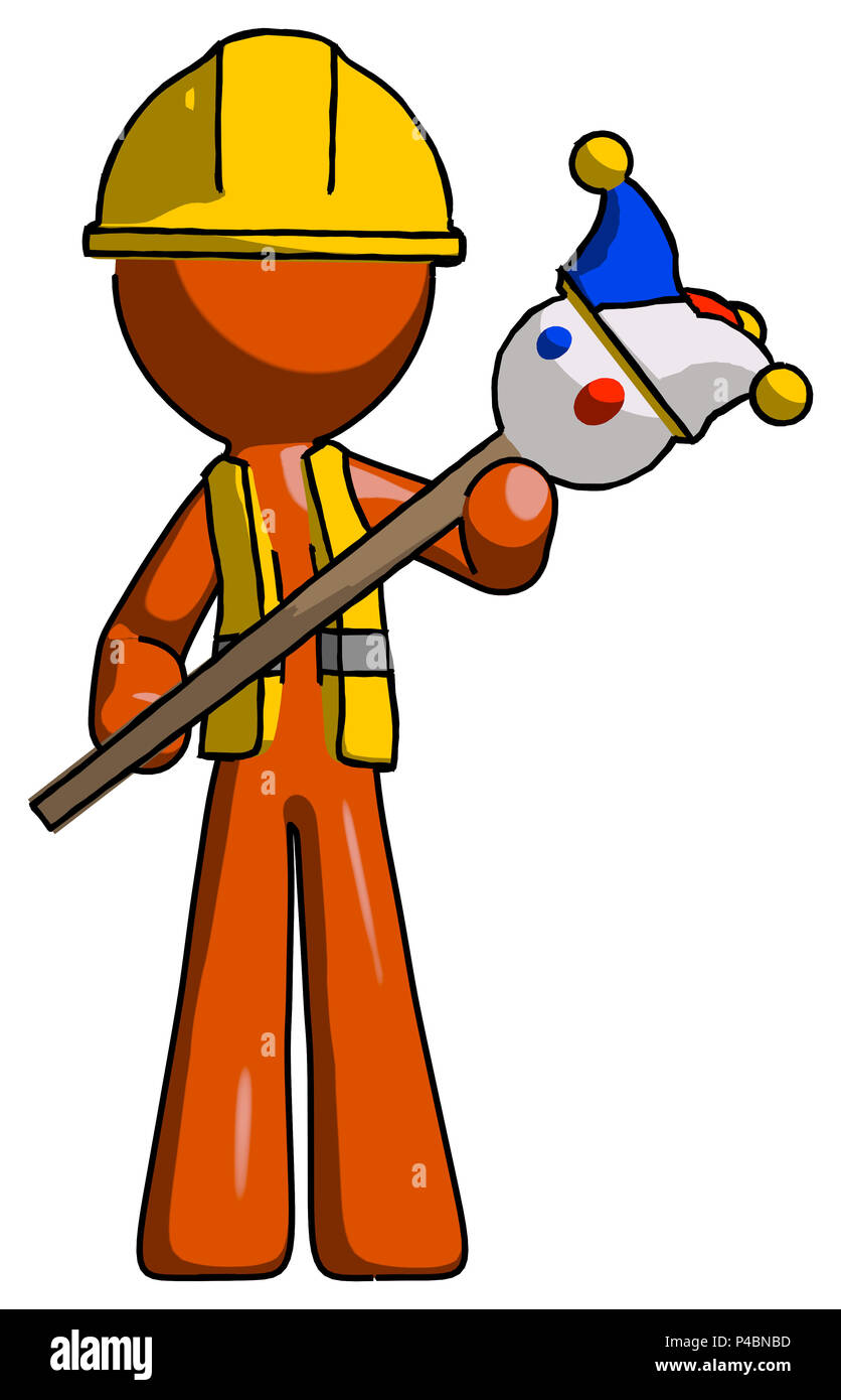 Orange construction worker contractor man holding jester diagonally ...