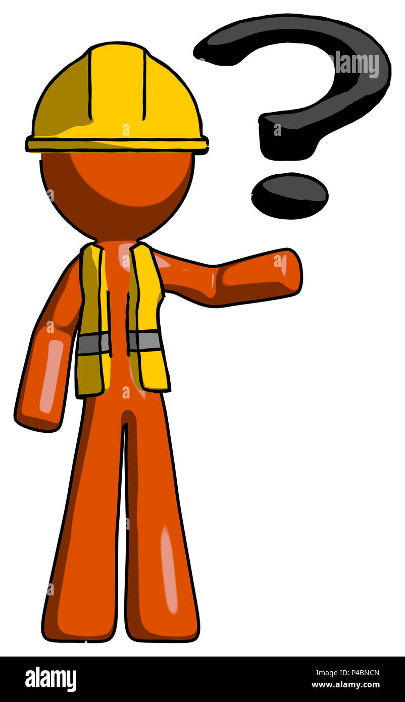 Orange construction worker contractor man holding question mark to ...
