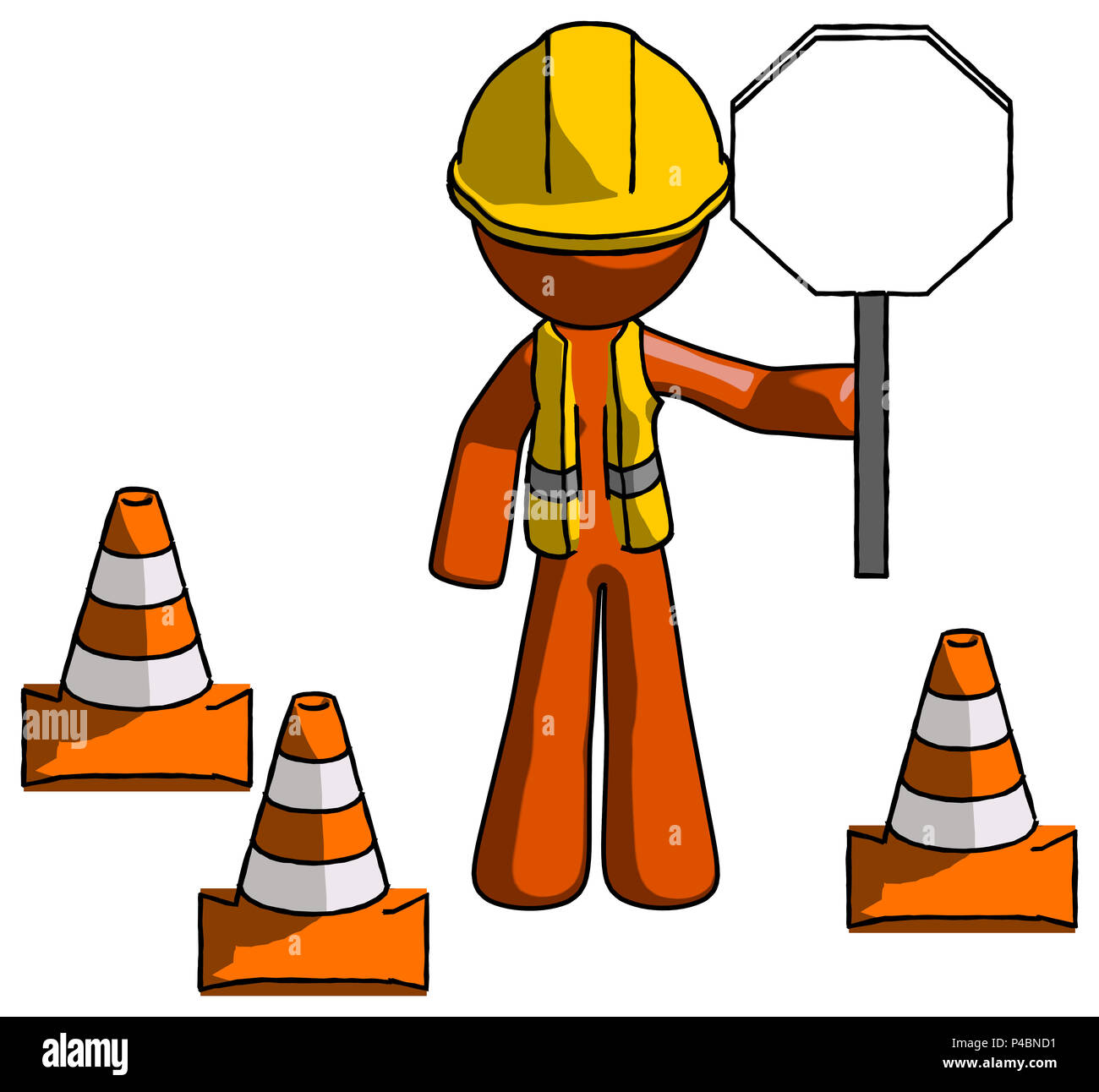 Orange construction worker contractor man holding stop sign by traffic ...