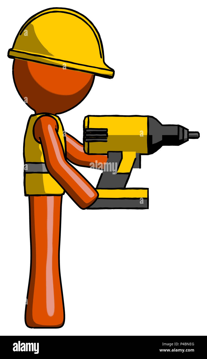 Orange construction worker contractor man using drill drilling ...