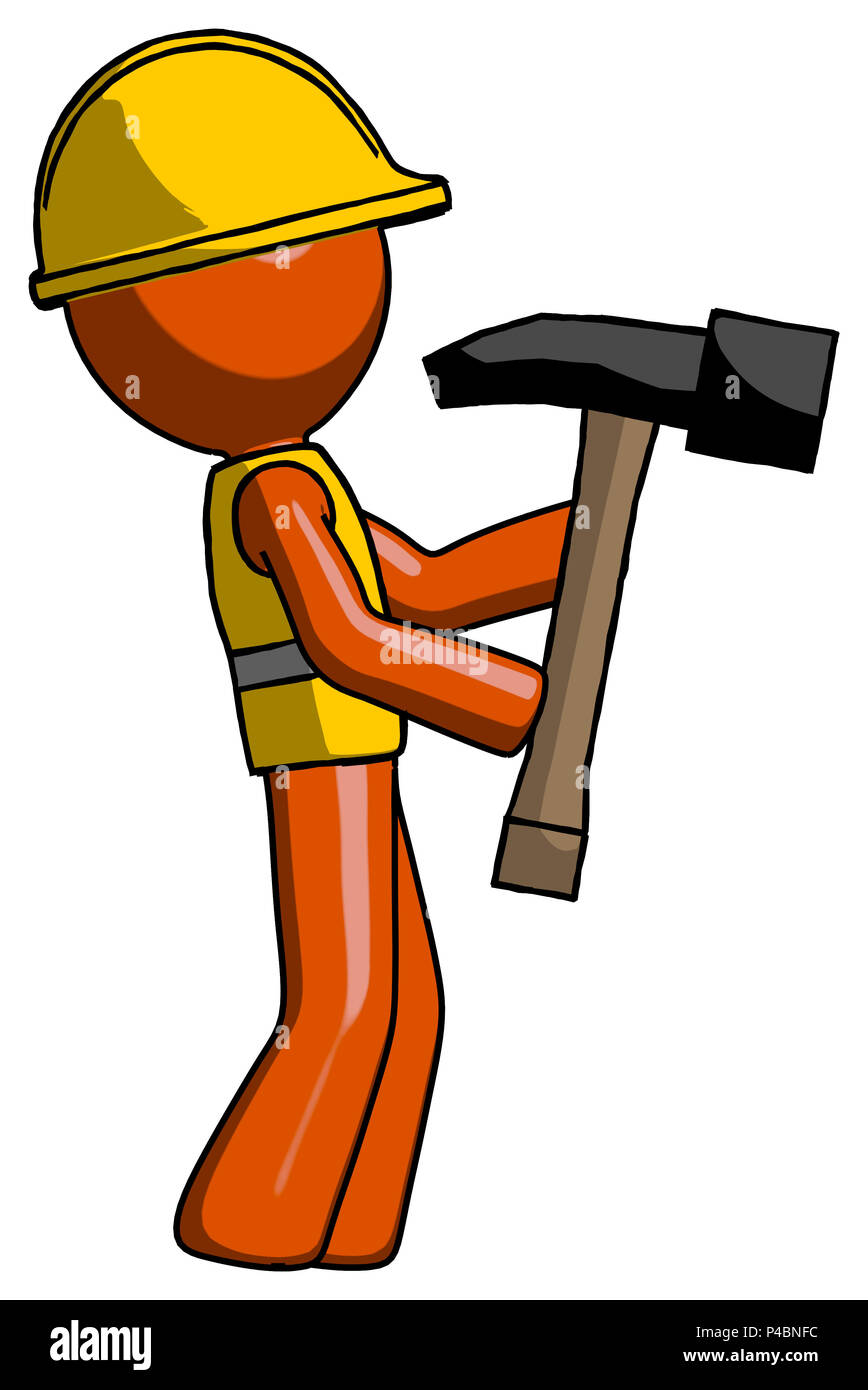 Orange construction worker contractor man hammering something on the ...
