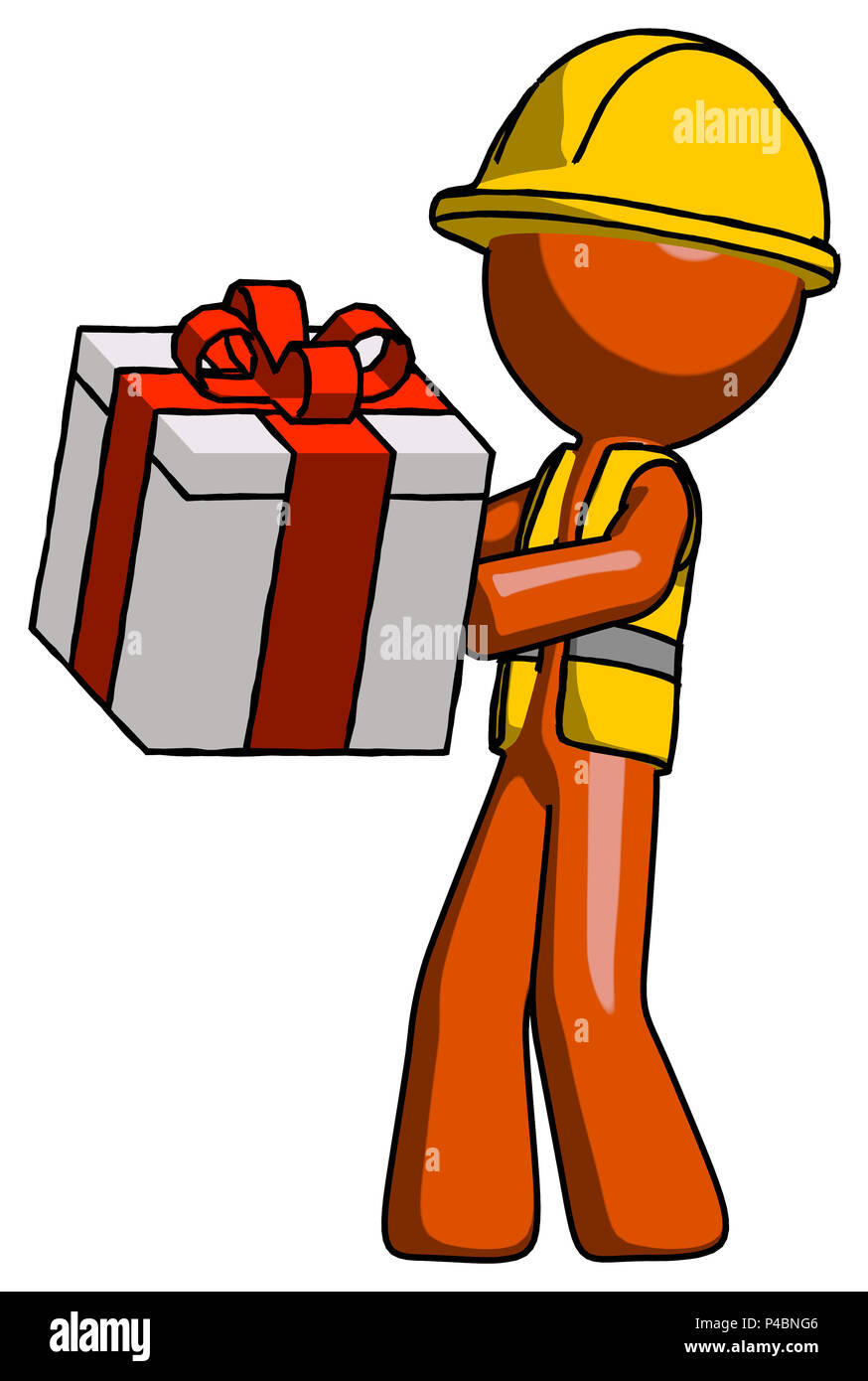 Orange construction worker contractor man presenting a present with ...
