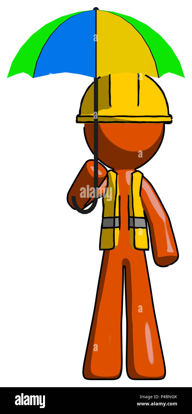 Orange construction worker contractor man holding umbrella rainbow ...