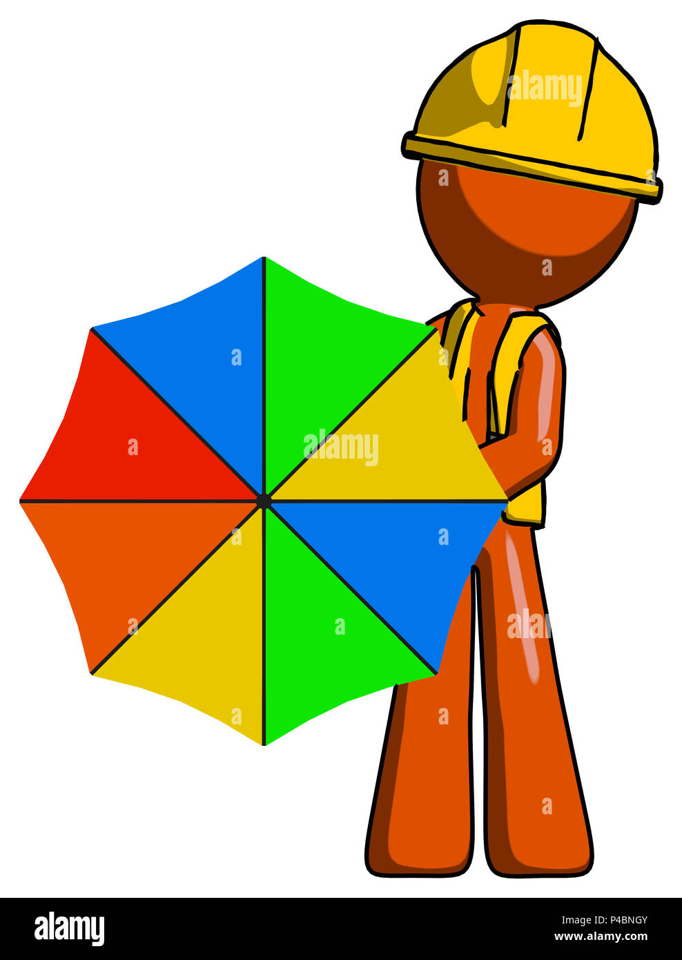 Orange construction worker contractor man holding rainbow umbrella out ...