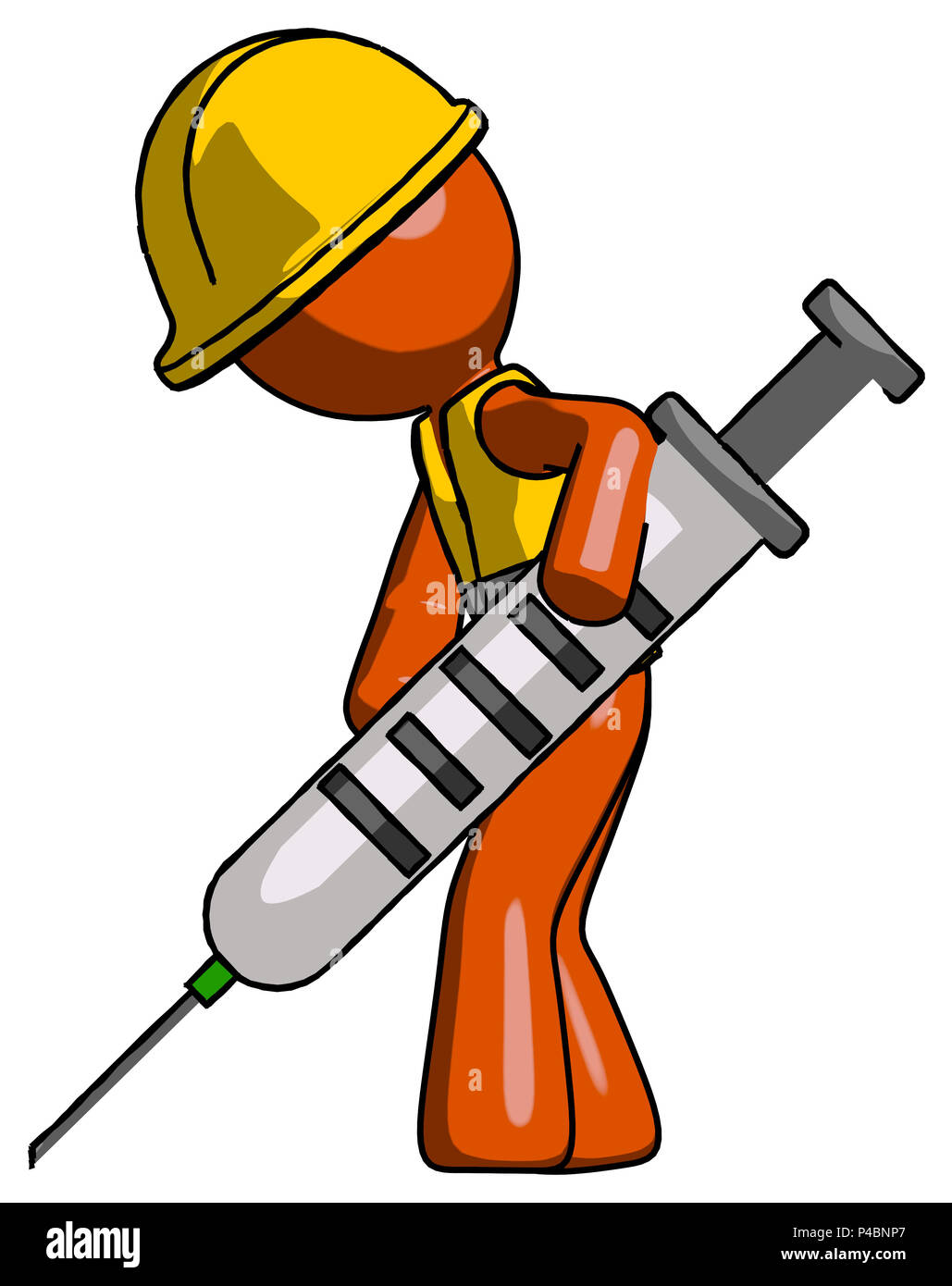 Orange construction worker contractor man using syringe giving ...