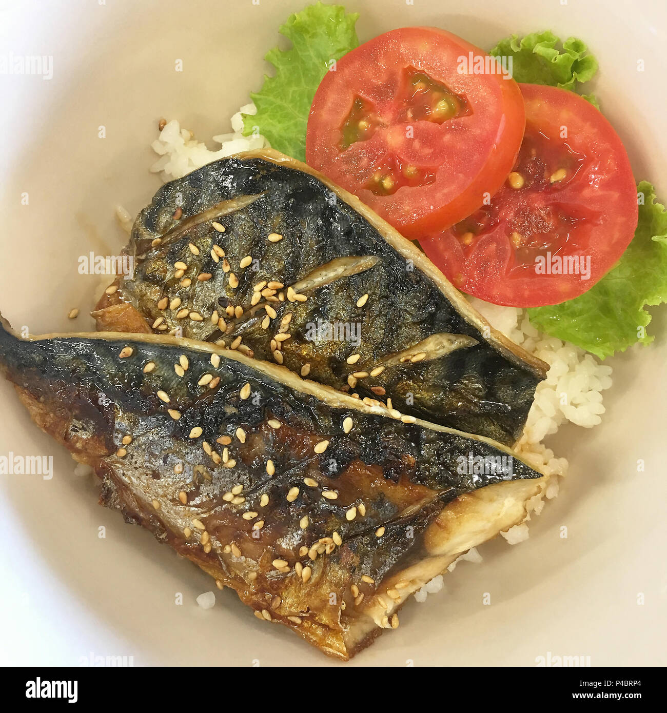 Close up rice grilled saba teriyaki, japanese food style Stock Photo ...
