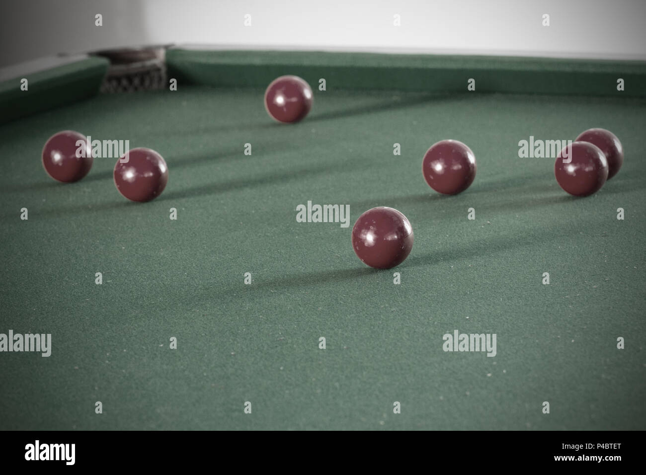 Old snooker table and ball set, in the club background Stock Photo - Alamy