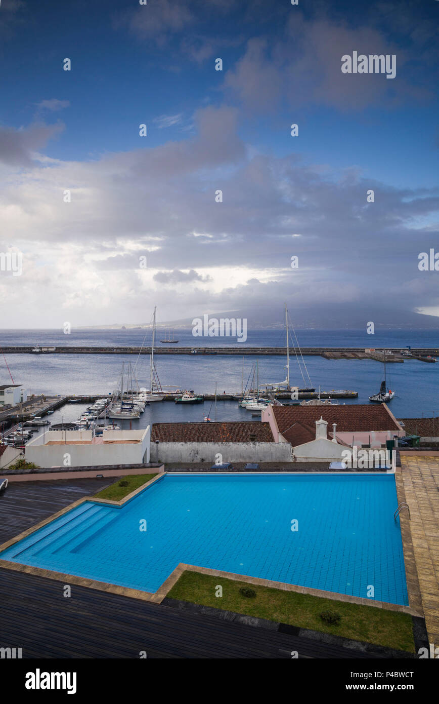 Portugal, Azores, Faial Island, Horta, elevated view of waterfront and ...