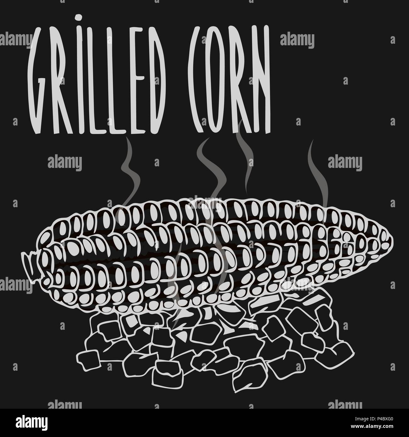 Isolate grilled corn ears fruit as chalk on blackboard. Close up ...