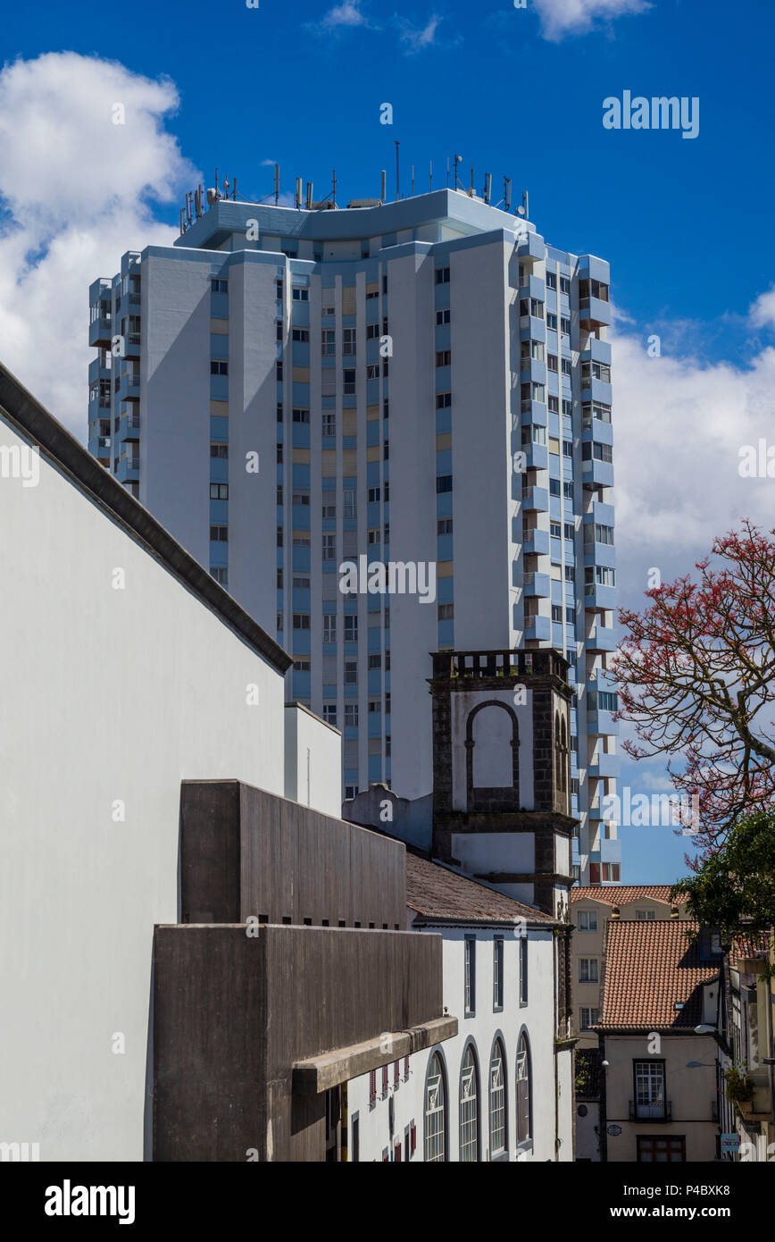 Portugal, Azores, Sao Miguel Island, Ponta Delgada, highrise building ...
