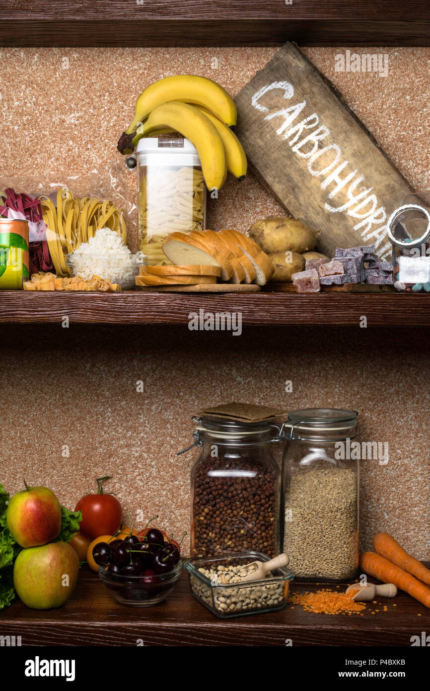 Assortment of products rich of complex carbohydrates. Healthy food on ...