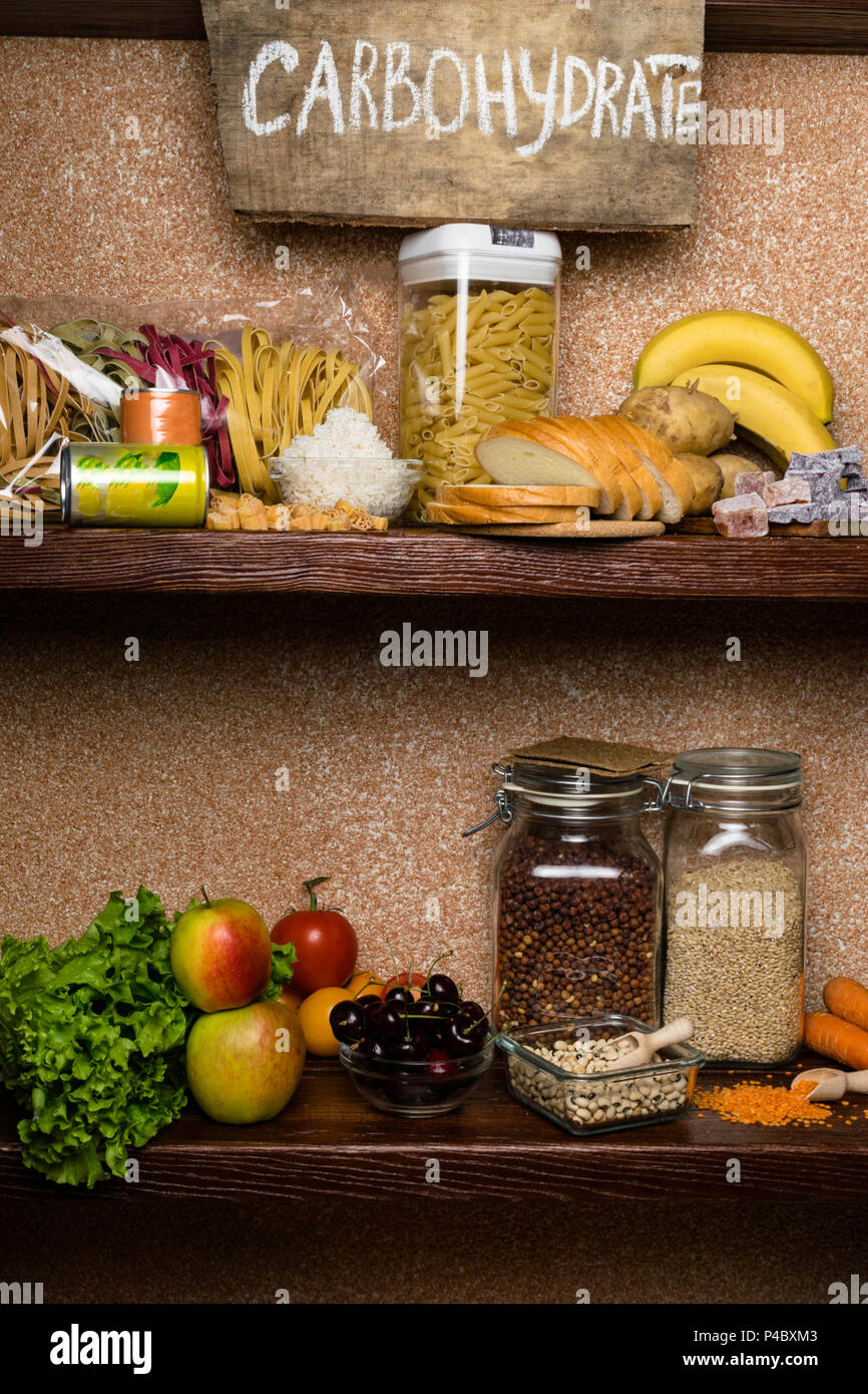 Assortment of products rich of complex carbohydrates. Healthy food on ...