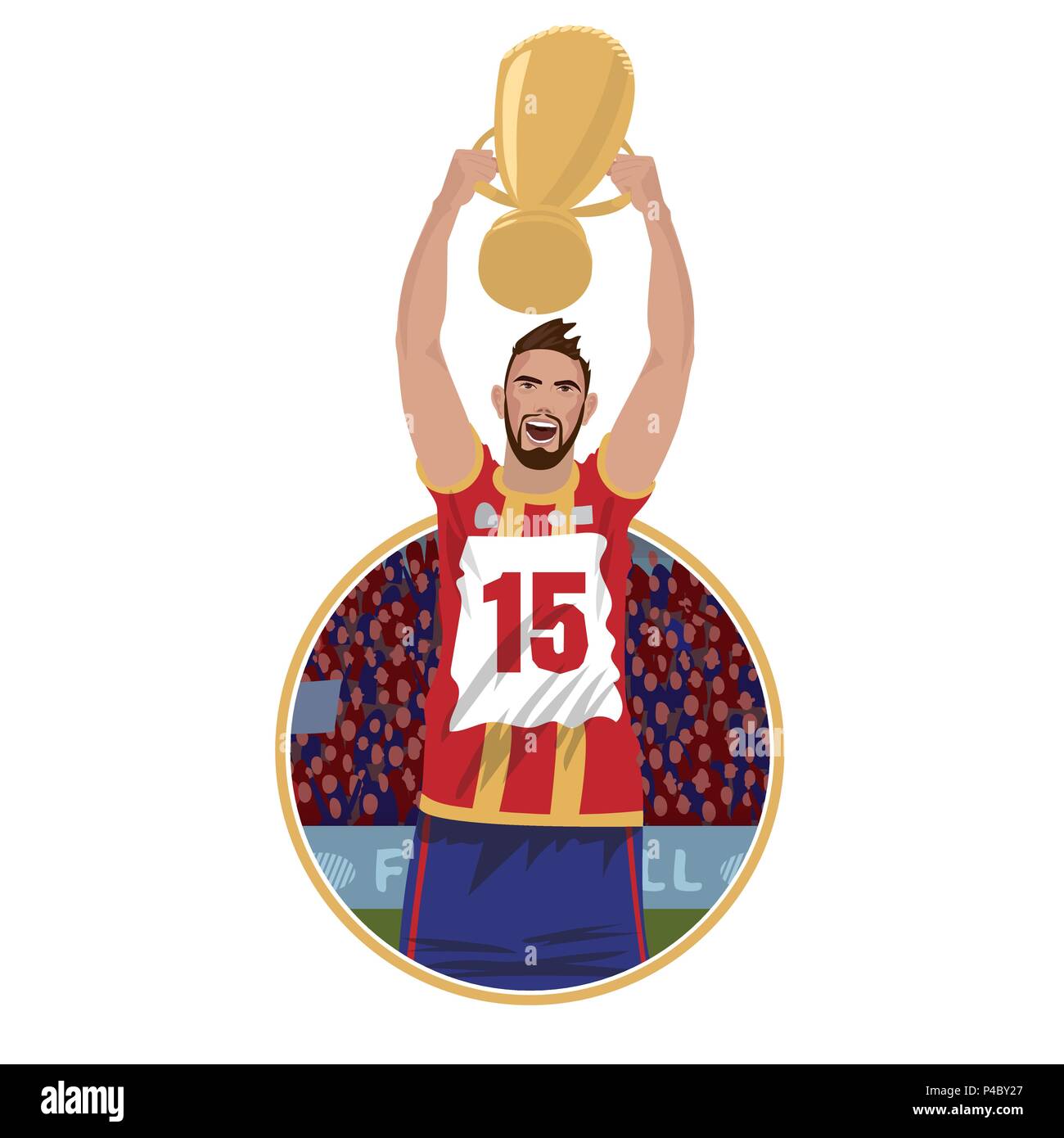 Round emblem or sticker with happy football player holding prize cup ...