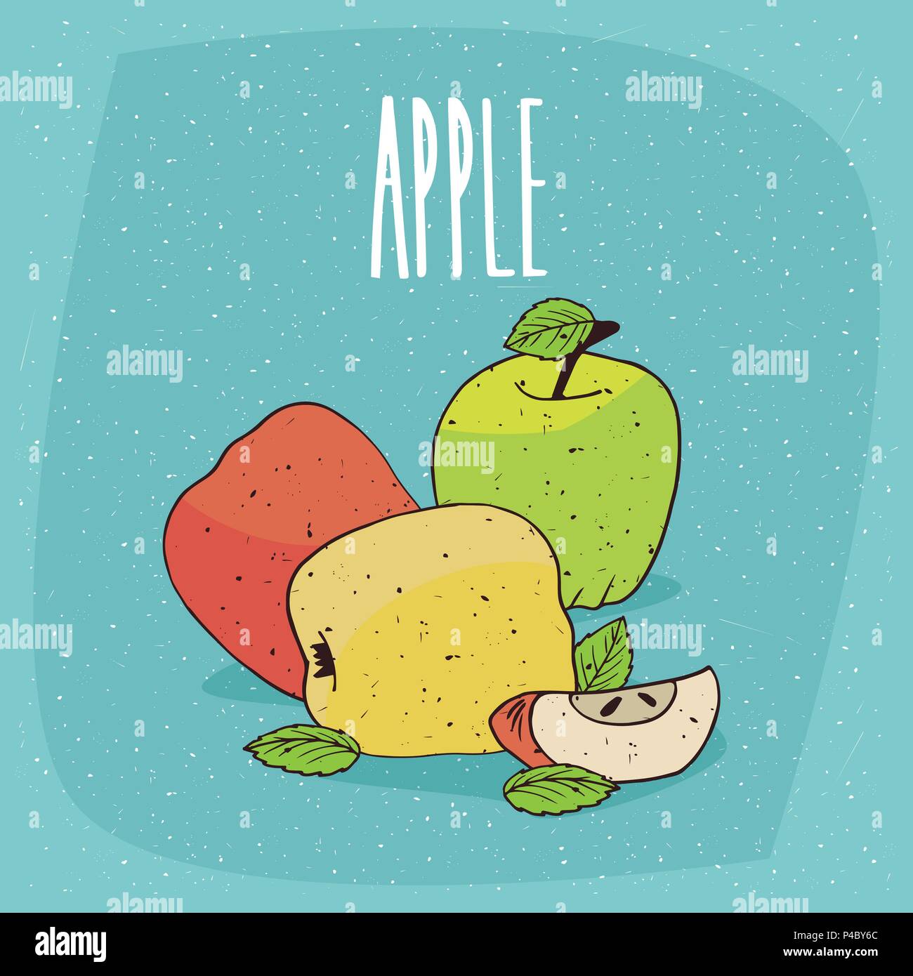 Several colorful ripe apples with tiny leaves, whole and cut into ...