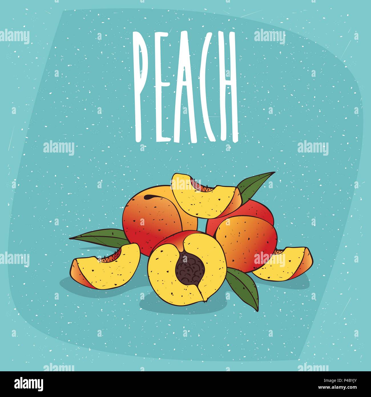 Several ripe peach fruits with leaves, whole and beautifully cut into ...