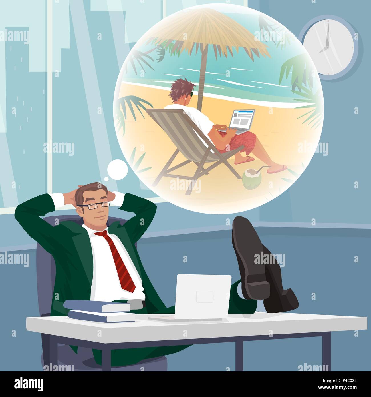 Office worker or employee sitting in office and dreams of working on ...