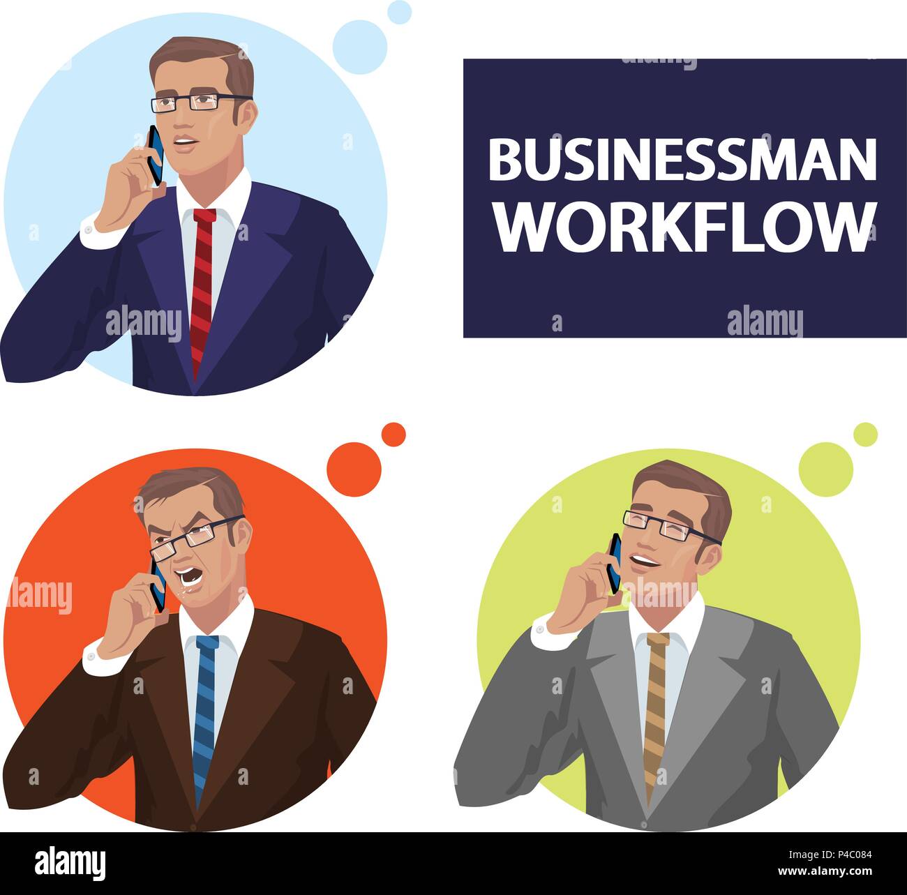 Set of businessmen talking on phone with different emotions, serious ...