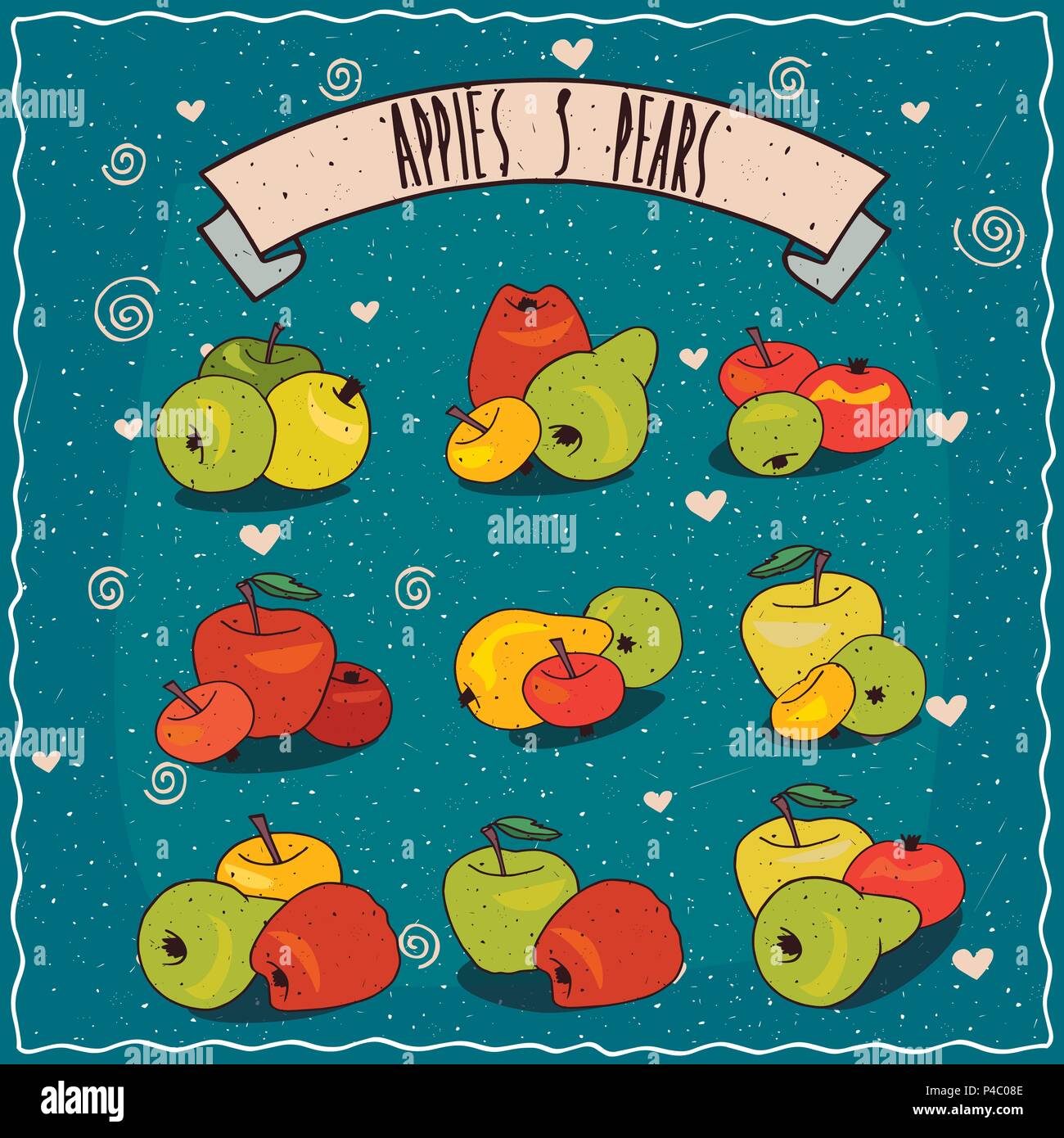 Set of colorful clip art of fruit groups, apples and pears of different ...