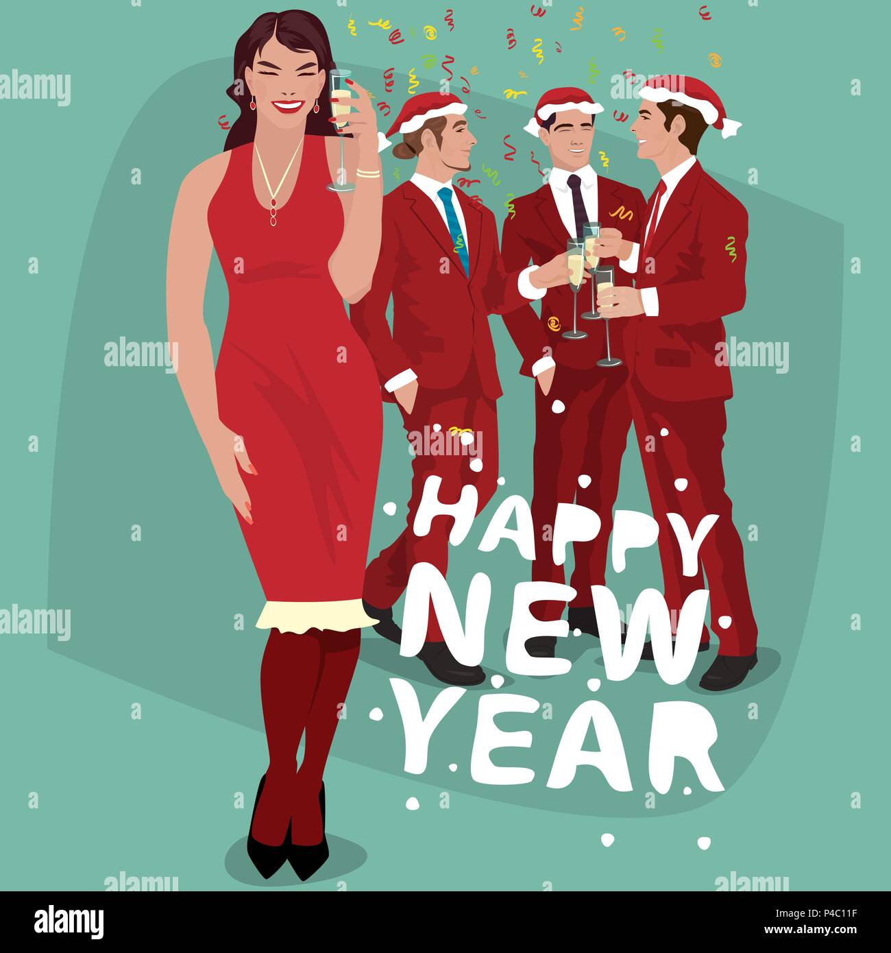 Woman in red dress and fashionable men in red suits and Santa hats ...