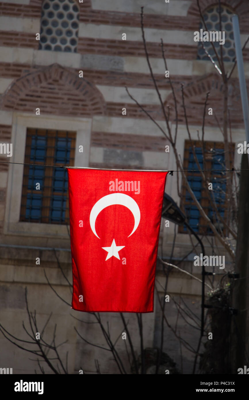 Turkish national flag hang on a pole in open air Stock Photo - Alamy