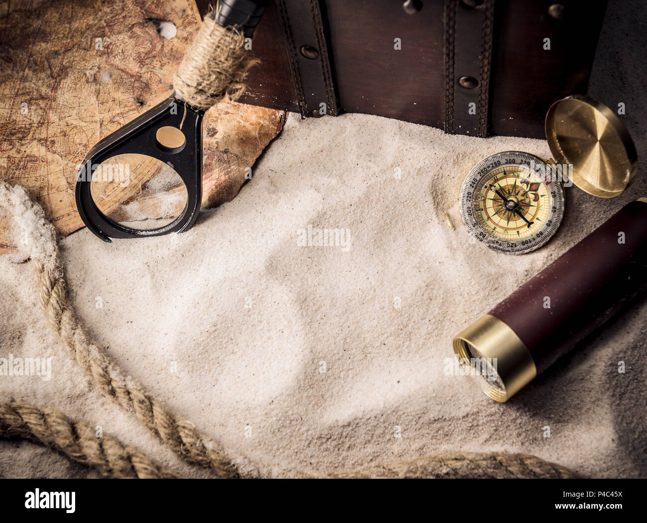Columbus day. Pirates and treasure with worldmap and discovery ...