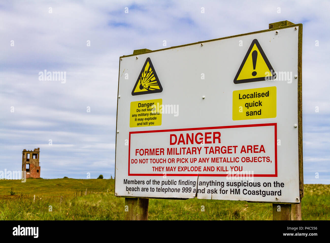Danger sign beside former military training site Goswick Sands in ...