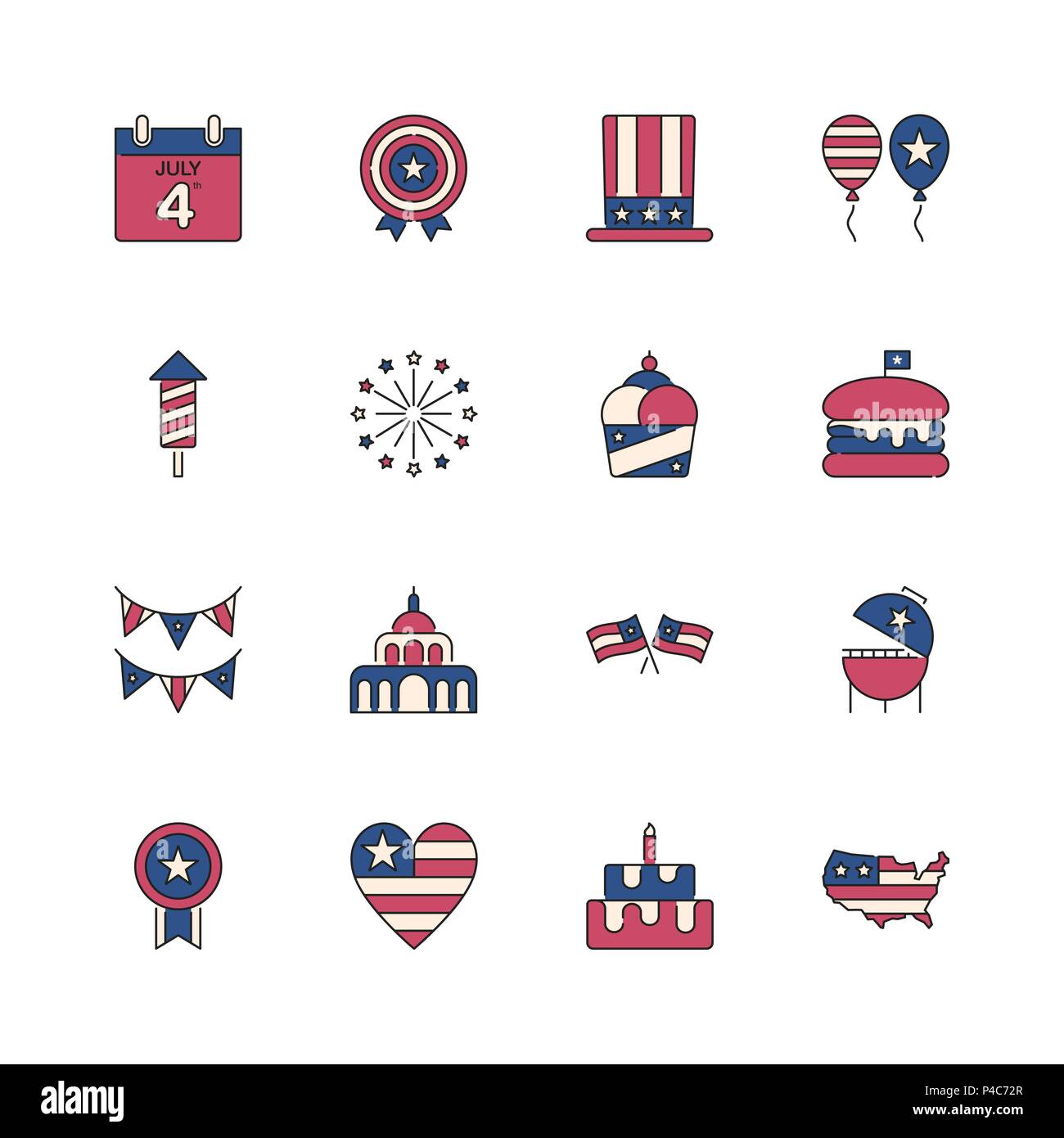 4th of July, independence day icons. Modern linear color design set ...