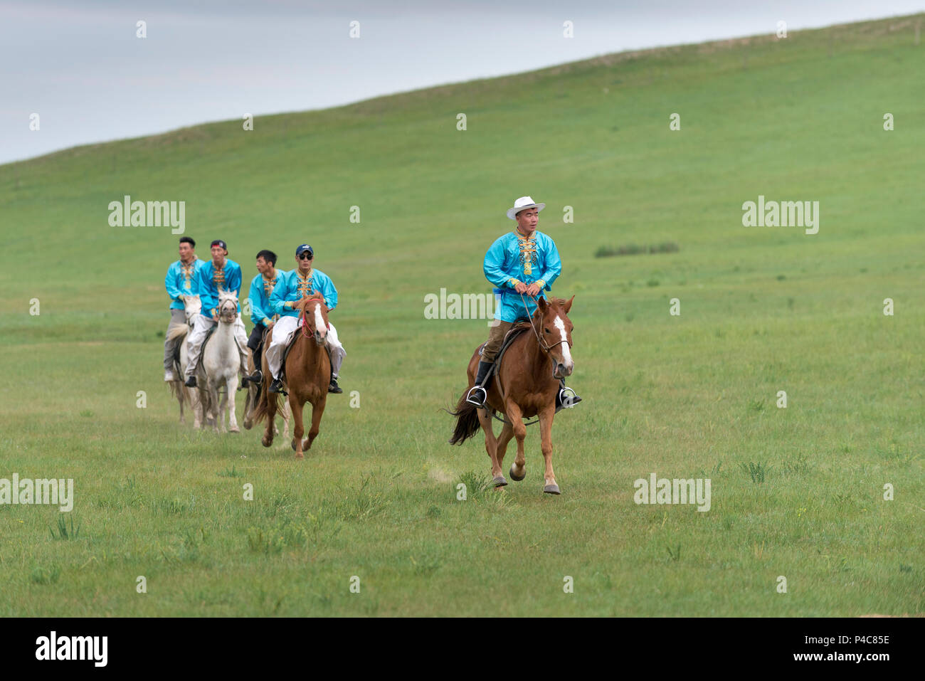 Young horsemen demonstrate team riding, Zhenglanqi Wuyi Farm, Inner ...