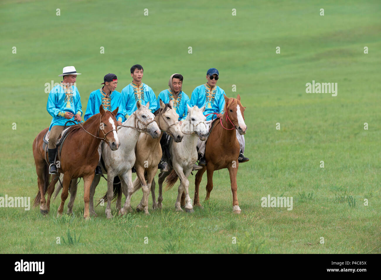 Young horsemen demonstrate team riding, Zhenglanqi Wuyi Farm, Inner ...