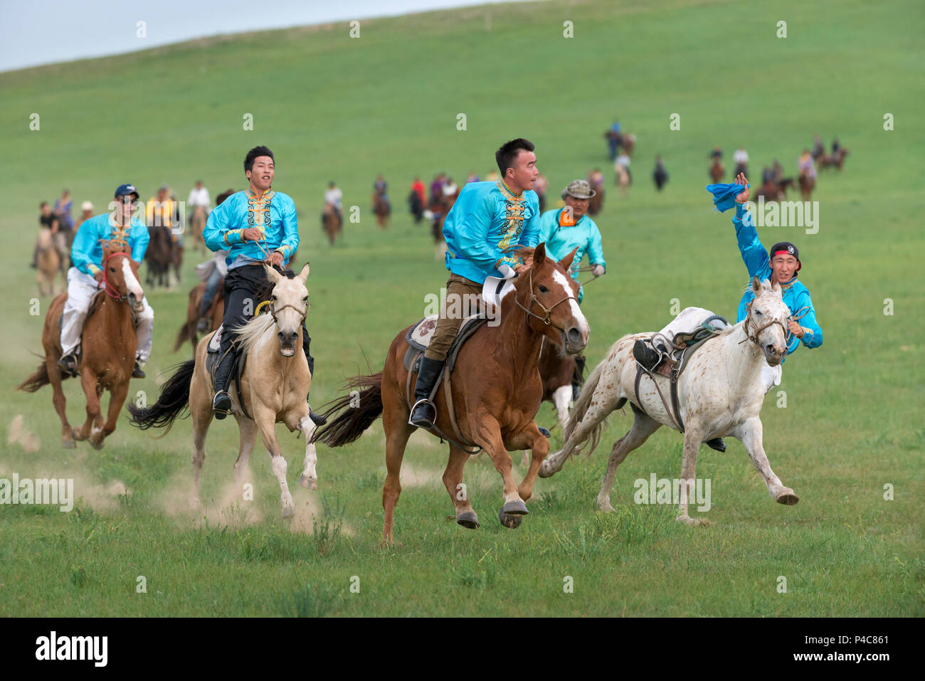 Young horsemen demonstrate team riding, Zhenglanqi Wuyi Farm, Inner ...