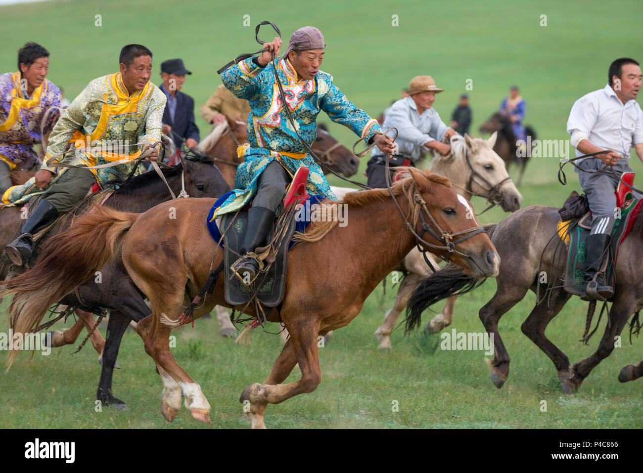 Young horsemen demonstrate team riding, Zhenglanqi Wuyi Farm, Inner ...
