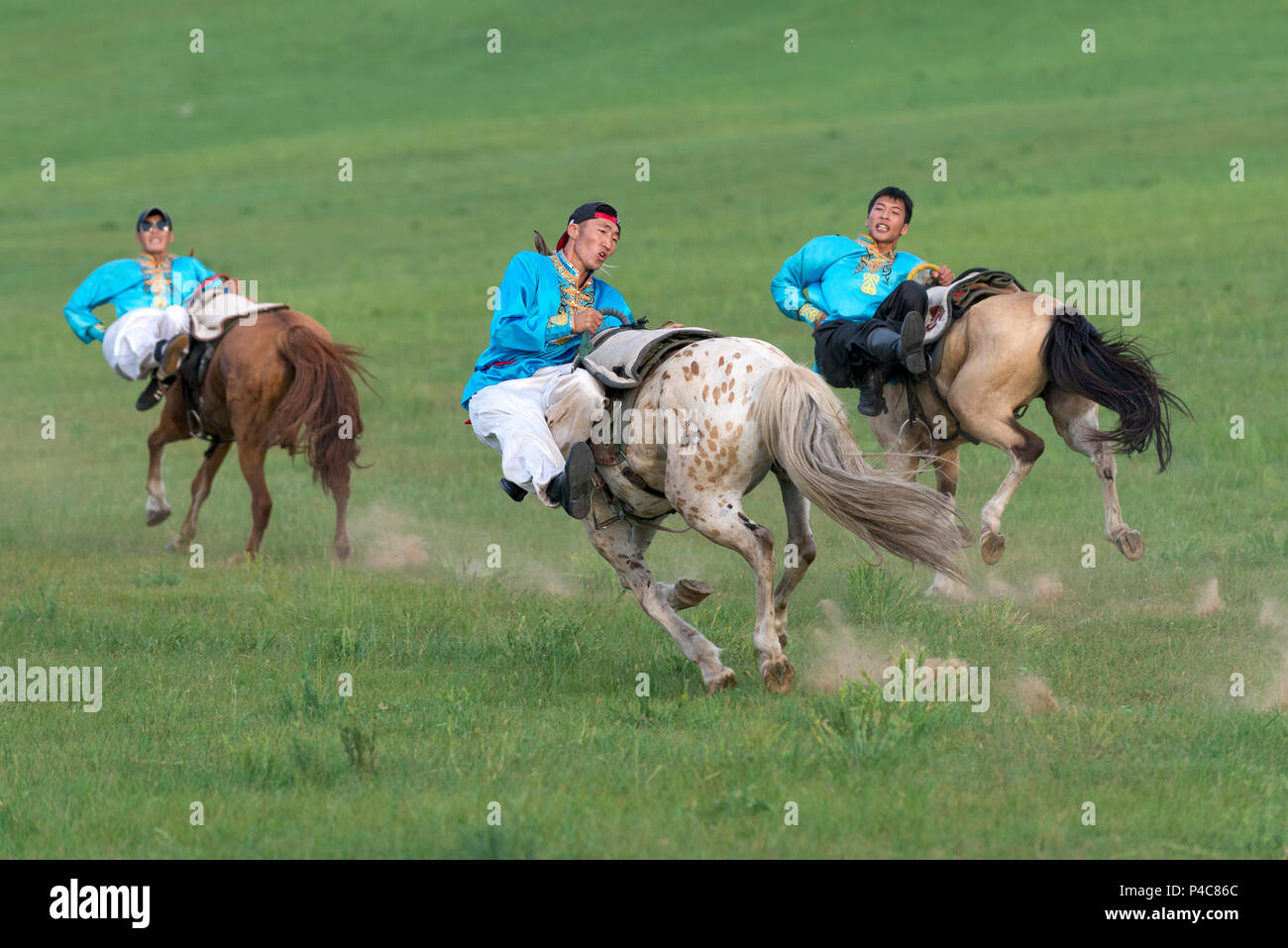 Young horsemen demonstrate team riding, Zhenglanqi Wuyi Farm, Inner ...