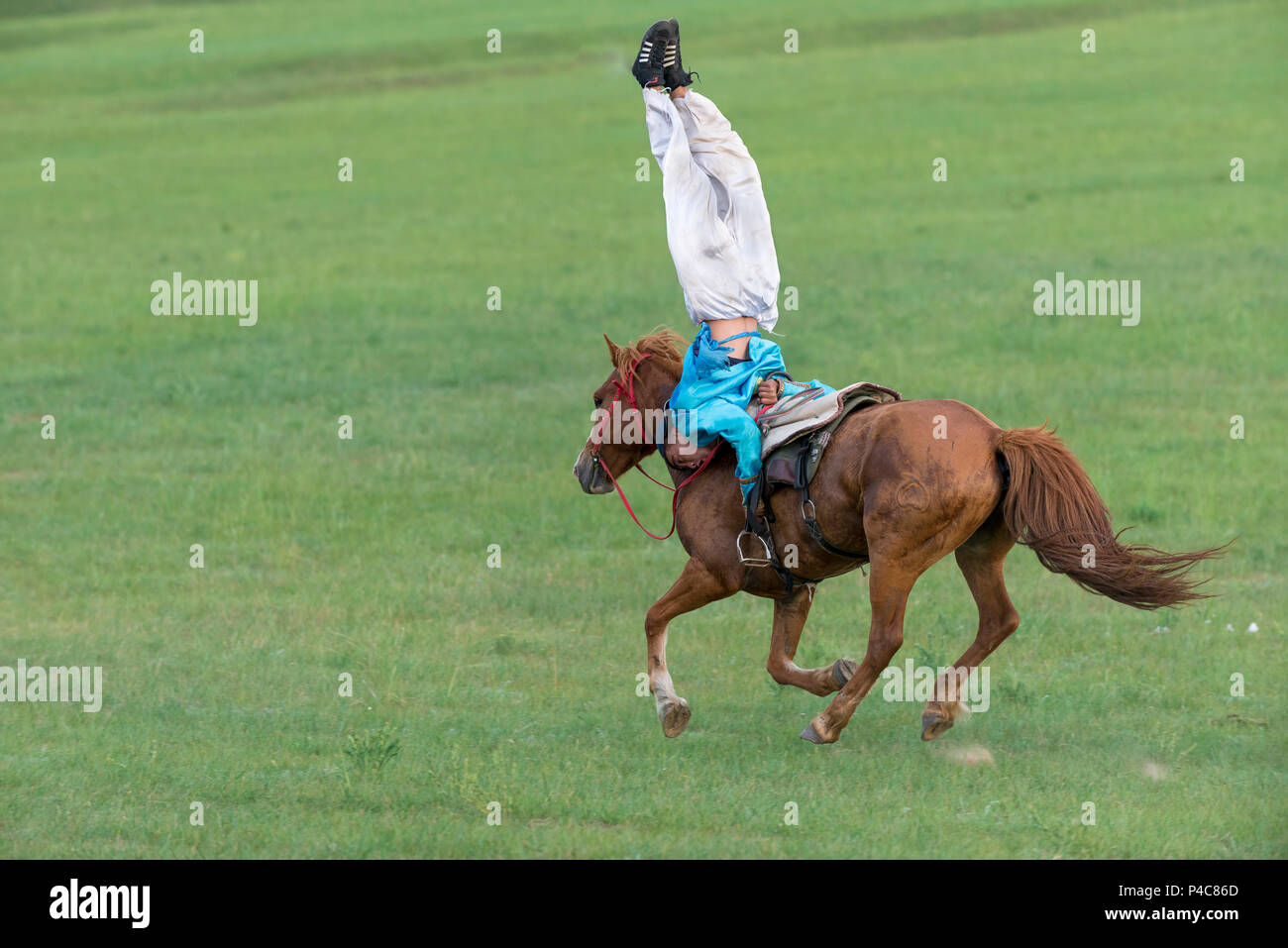 Young horsemen demonstrate team riding, Zhenglanqi Wuyi Farm, Inner ...