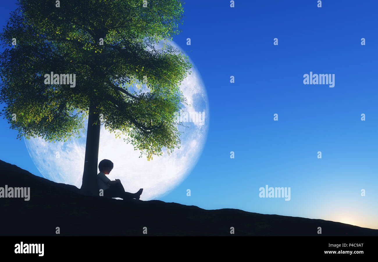 3D render of a boy sat against a tree with moon in night sky Stock ...