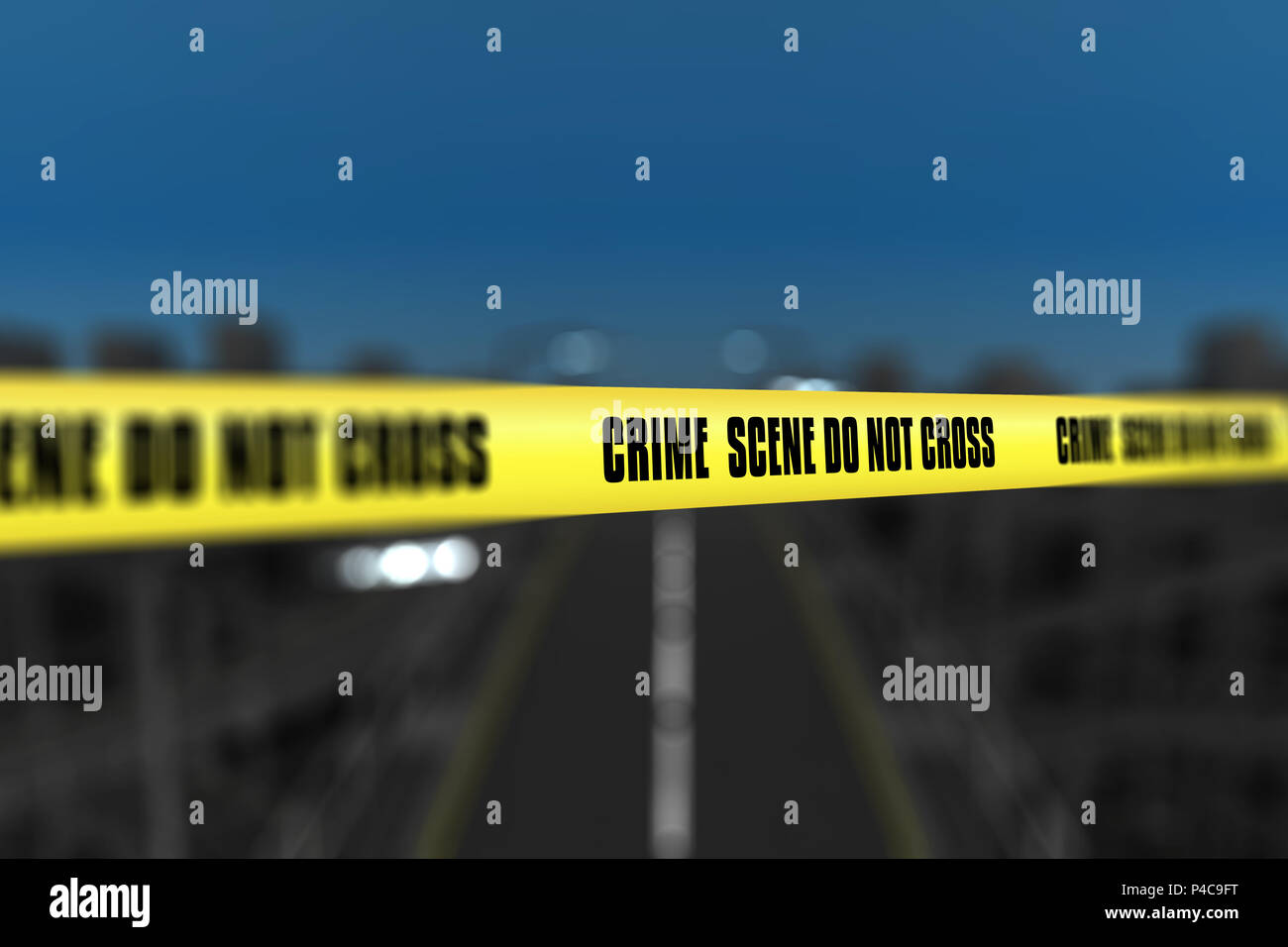 3D render of a crime scene tape against defocussed city background ...