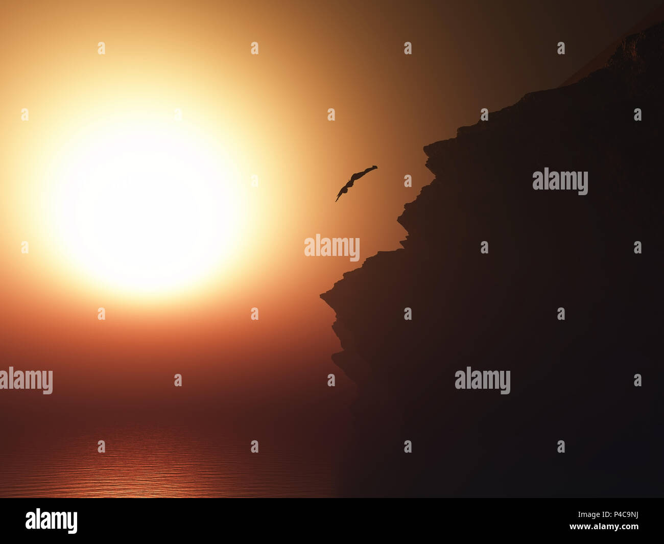 3D render of a female diving into the sea from a high cliff against a ...