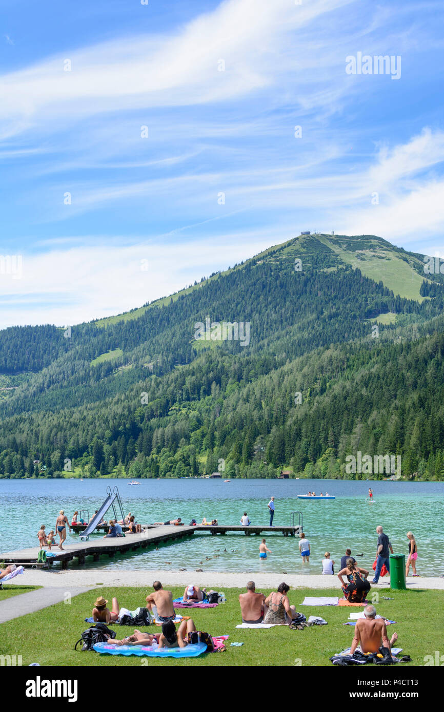 Mariazell, lake Erlaufsee, mountain Gemeindealpe, beach, bather ...