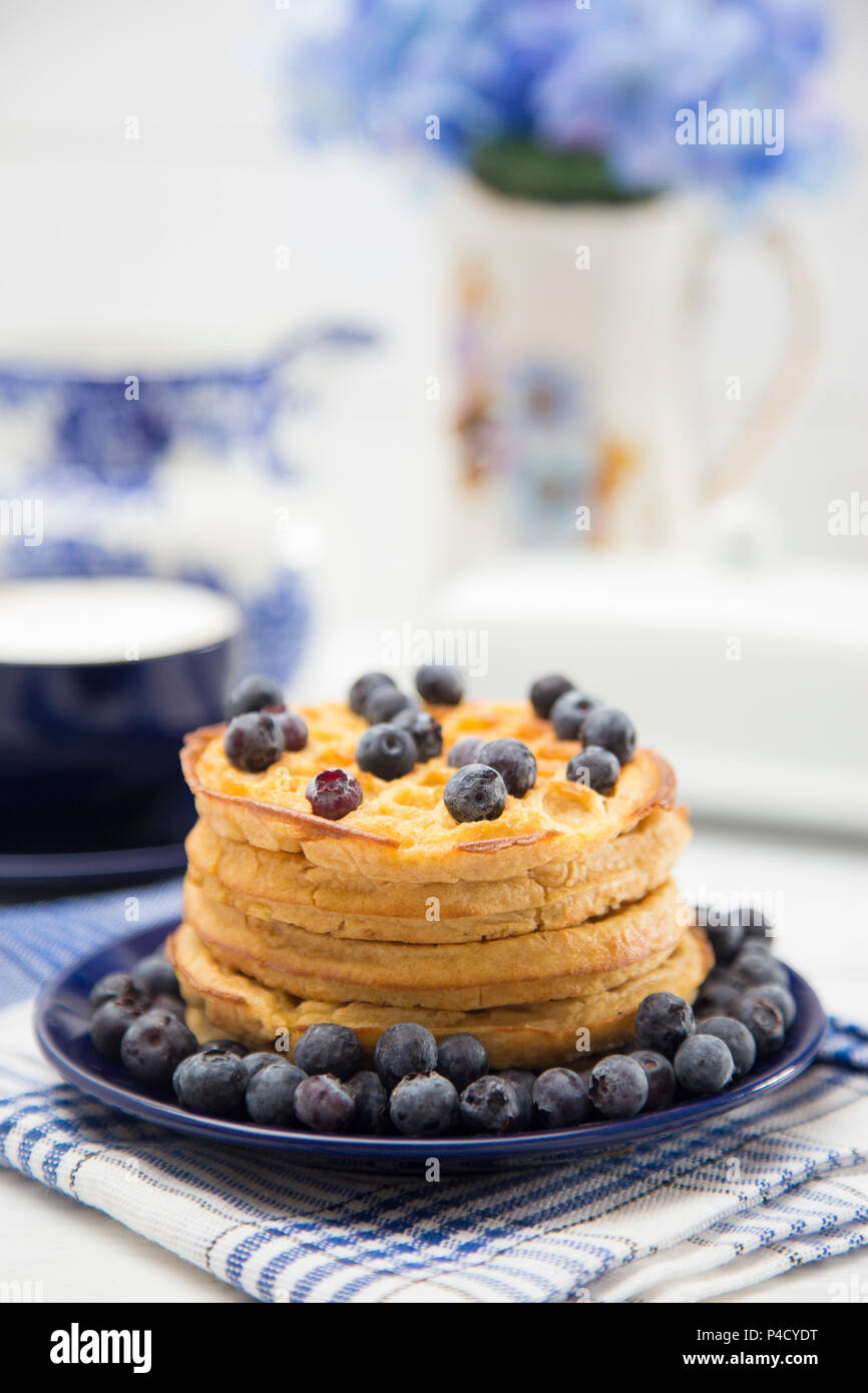 Stack of Classic Waffles with Blueberries Stock Photo - Alamy