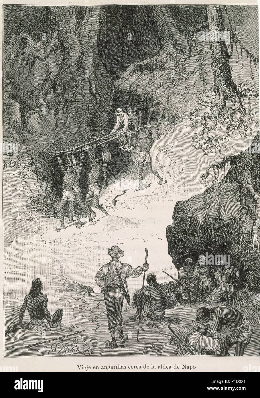 GRABADO - VIAJE EN ANGARILLAS CERCA DE LA ALDEA DE NAPO - ECUADOR Stock ...